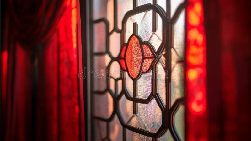 Red Stained Glass Window Framed by Crimson Curtains Stock Illustration ...