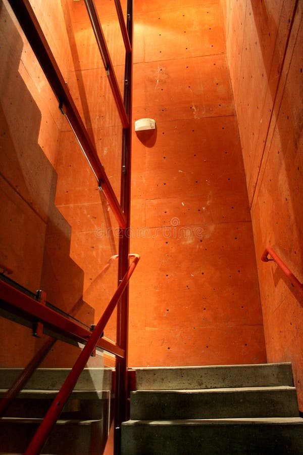 Red Stairway with Handrails and Lights Stock Photo - Image of hand ...