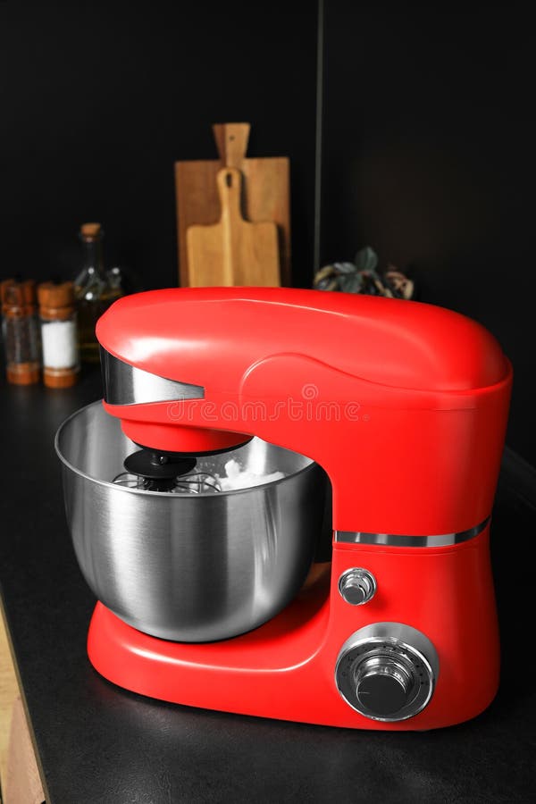 Modern Red Stand Mixer on Countertop in Kitchen Stock Photo - Image of ...