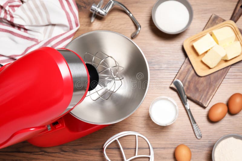 Red Stand Mixer and Different Ingredients on Wooden Table, Flat Lay ...