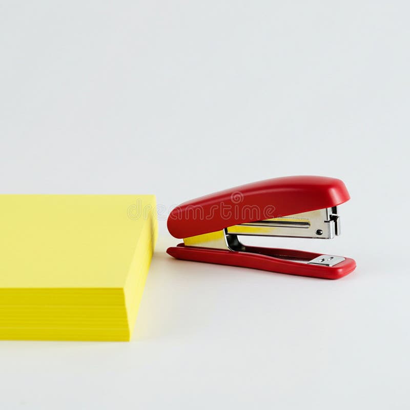 A Red Stapler is Positioned beside a Stack of Yellow Paper Against a ...