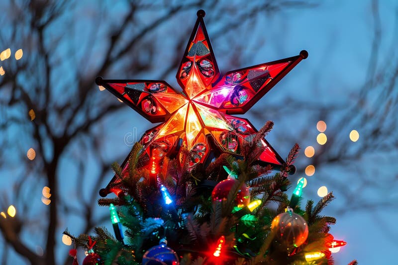 Red Star, Christmas Tree, and Colorful Lights at Dusk Stock ...
