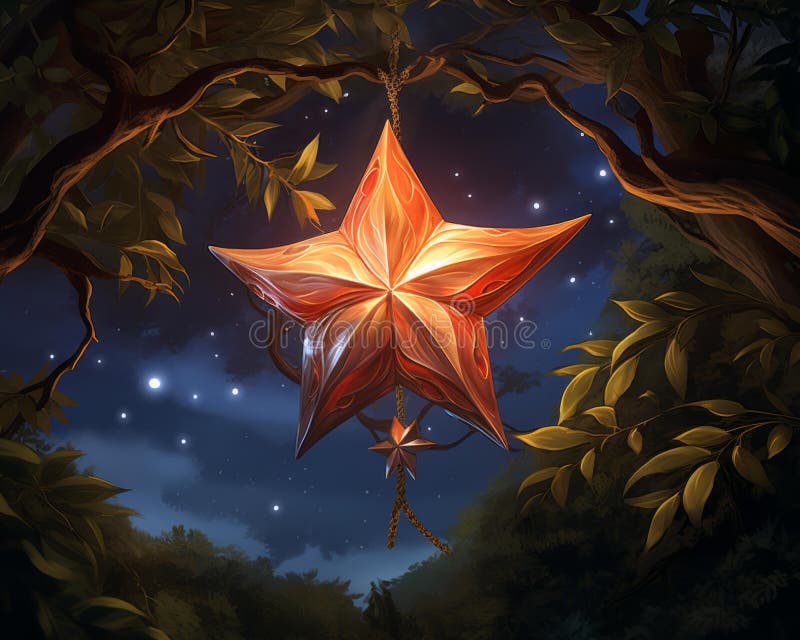 A Red Star Hanging from the Branches of a Tree Stock Illustration ...