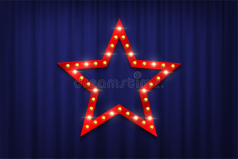 Red Star Sign with Light Bulbs on Theatre Blue Curtain Background ...