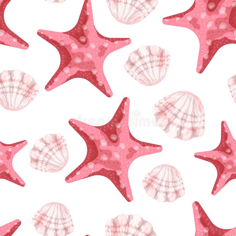 Red Starfish and Pink Shells. Seamless Pattern Stock Vector ...