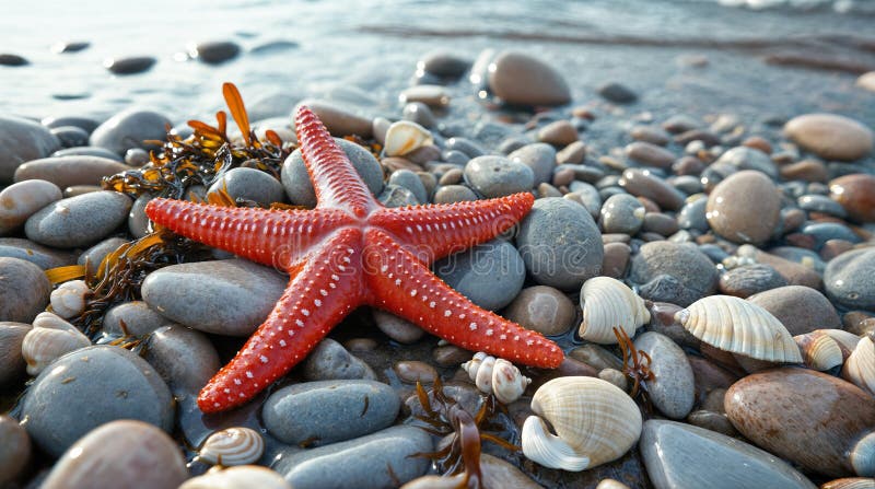 Red Starfish Resting on Pebbles at the Seashore Stock Image - Image of ...