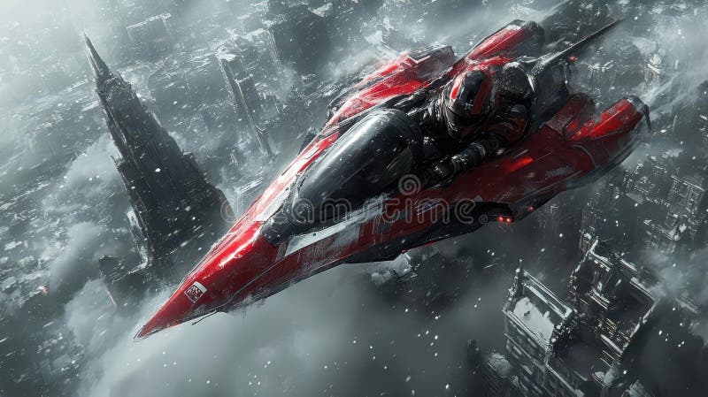 Red Starship in Snowy City stock image. Image of environment - 385527905