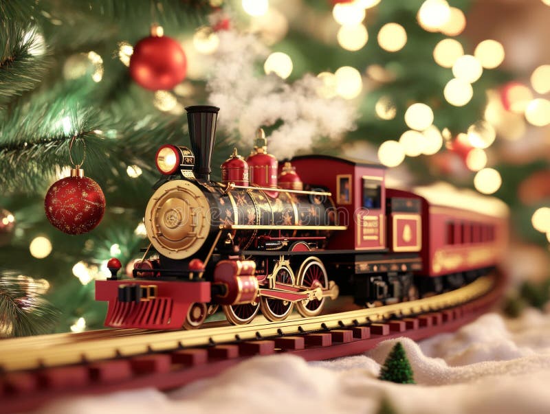 Red Steam Engine Train with Christmas Tree Decorations Stock ...