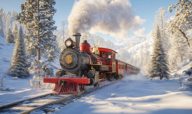 A Red Steam Train is Moving Along the Snowy Forest. Generative AI ...