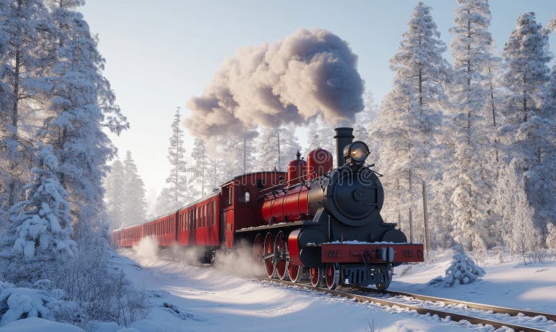 A Red Steam Train is Moving Along the Snowy Forest. Generative AI ...