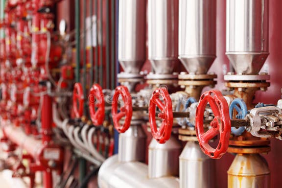 Red steam valves and pipes stock photo. Image of piping - 24743870