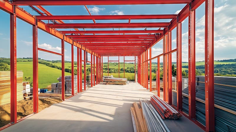 Red Steel Frame House Structure Under Construction in Green Field Stock ...