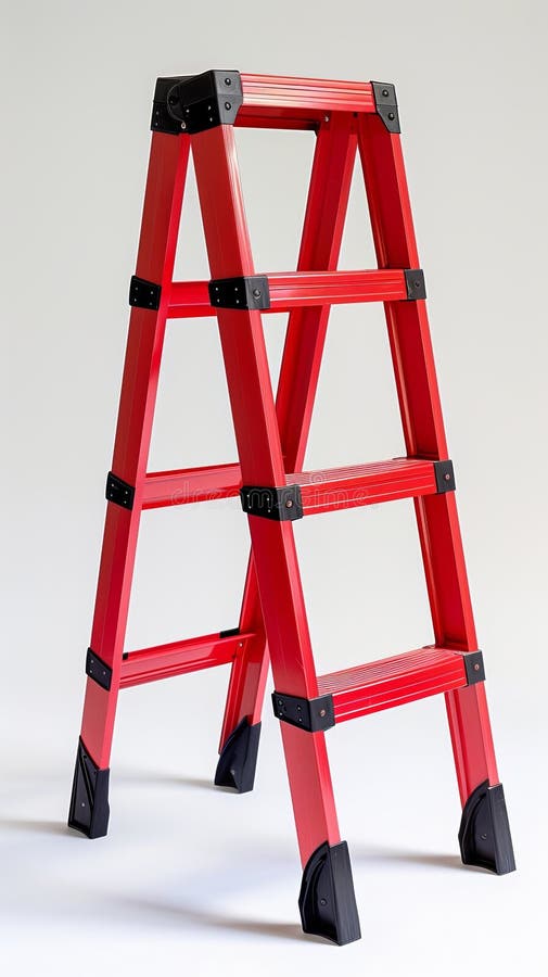 Red Step Ladder with Four Steps on White Background, Home Improvement ...
