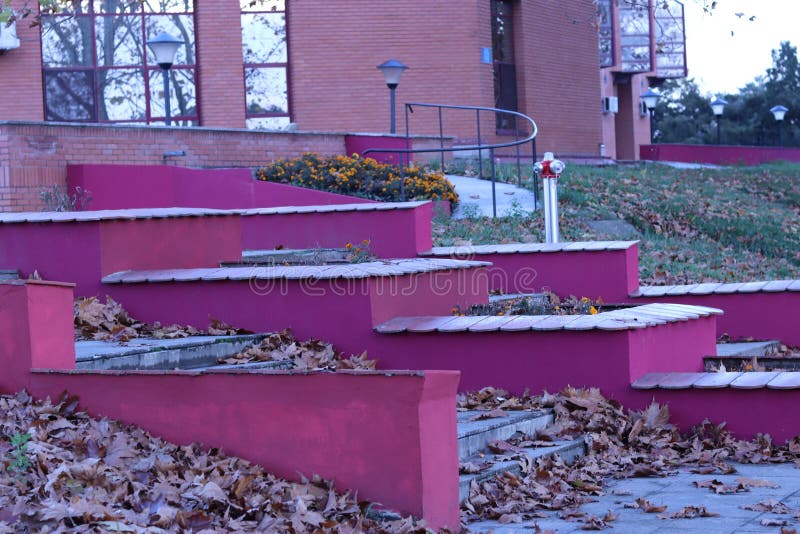 The Red Steps on Which the Leaves Had Fallen Stock Photo - Image of ...