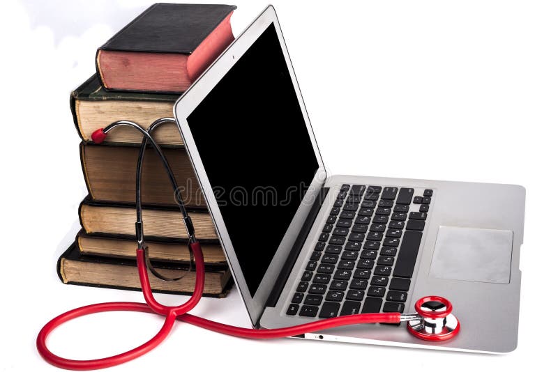 Red Stethoscope and Laptop stock photo. Image of measurement - 67885306