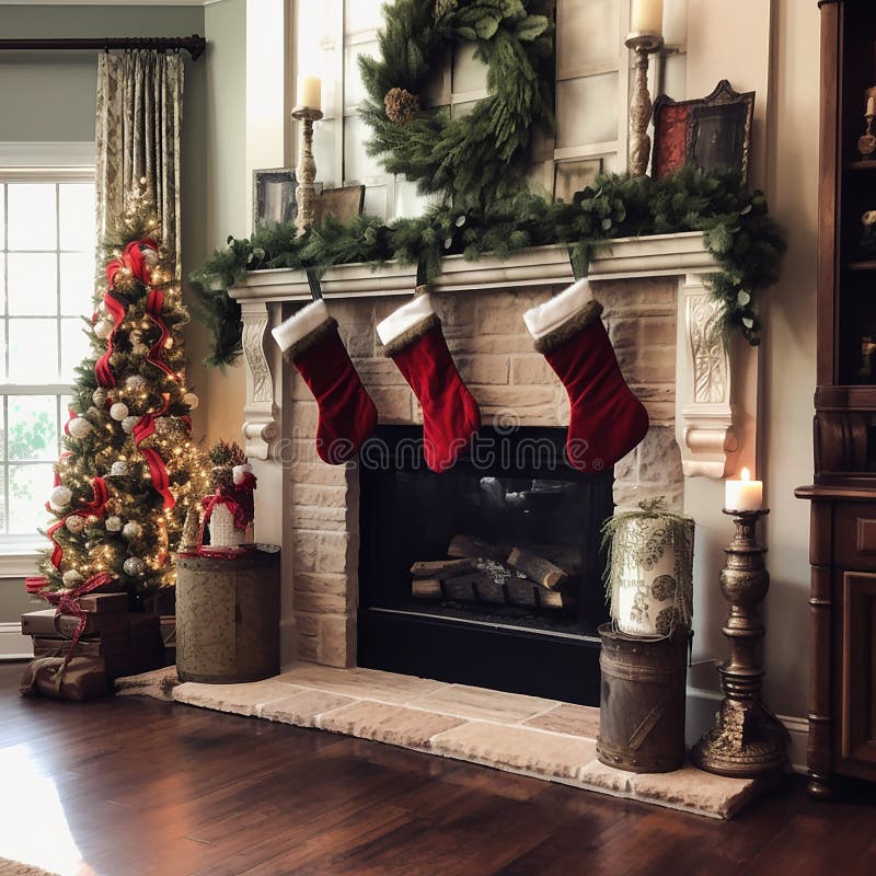 Red Stockings on the Fireplace Near Christmas Tree Stock Illustration ...