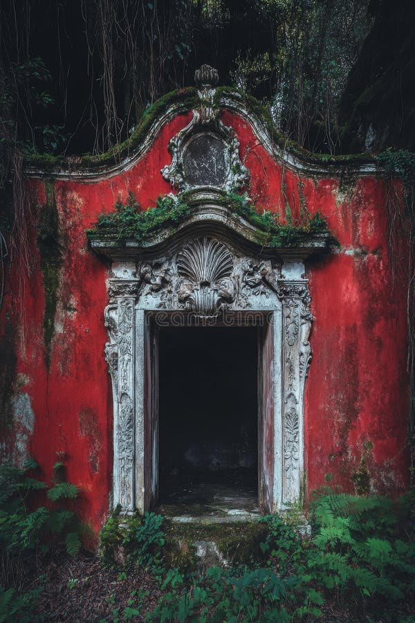 A Red Stone Structure Enveloped in Greenery with Detailed Carvings ...