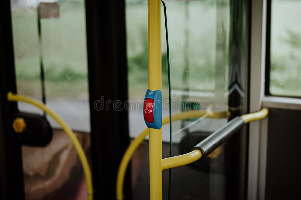 Red stop button in the bus stock photo. Image of yellow - 254591764