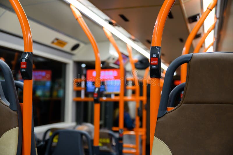 Red Stop Button on an Orange Pole in a Public Bus Stock Image - Image ...