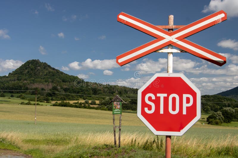 A Red STOP Sign before Crossing the Tracks, Czech Central Highlands ...