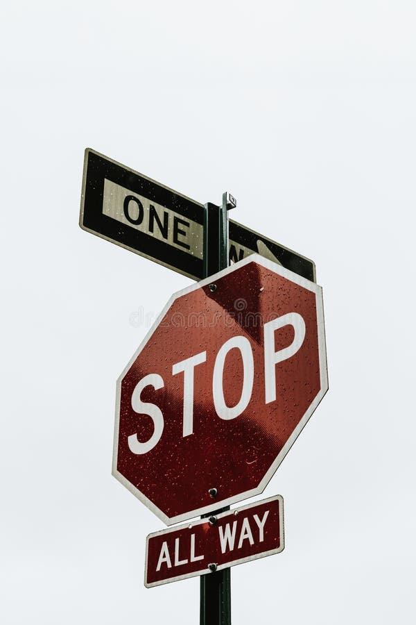 Red stop sign in downtown stock image. Image of communication - 220998821