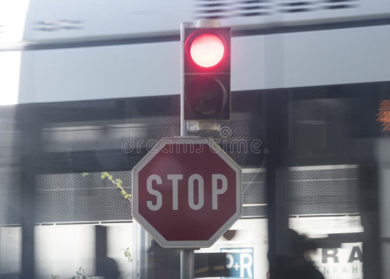 Red stop sign in traffic stock photo. Image of system - 199126336