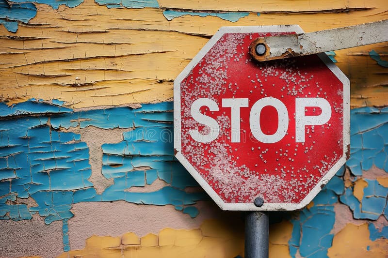 Red Stop Sign with White Text on Peeling Paint Yellow Wall Backdrop ...