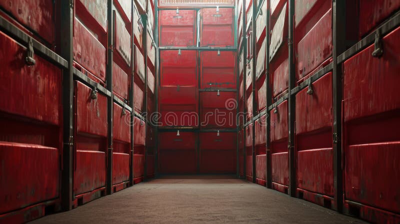 Red Storage Units in a Warehouse Corridor, Symmetrical Perspective ...