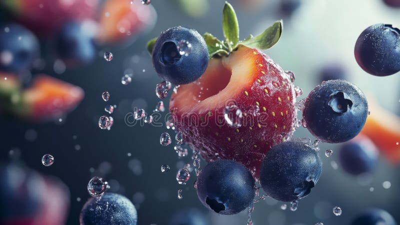 Red Strawberries and Blue Blueberries Suspended in Water Stock ...