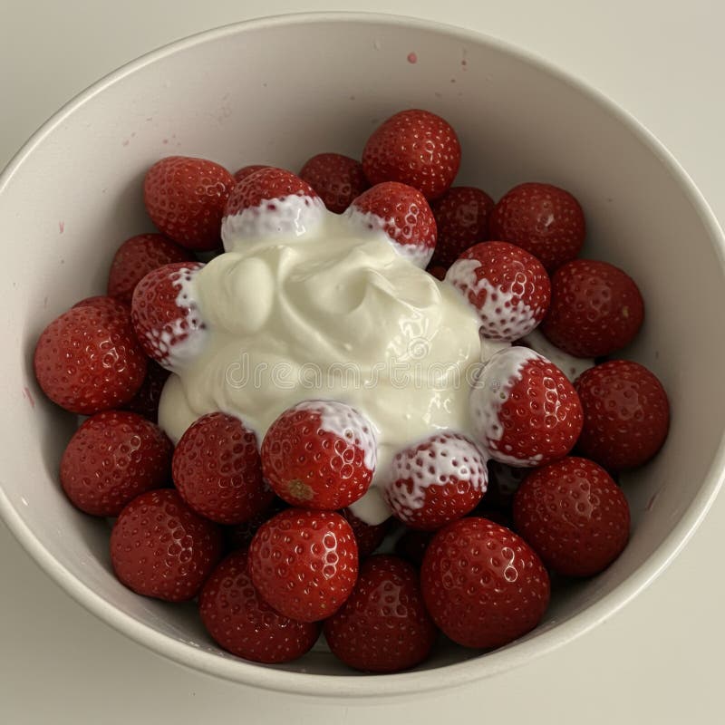 Red Strawberries and Creamy Yogurt in White Bowl Stock Photo - Image of ...