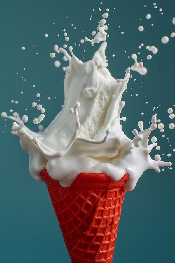 A Red Strawberry Cone and White Ice Cream with a Splash of Milk on a ...