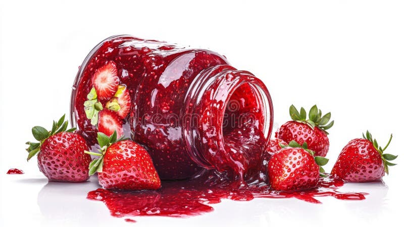 Red Strawberry Jam Spilling from Jar on White Background Stock ...