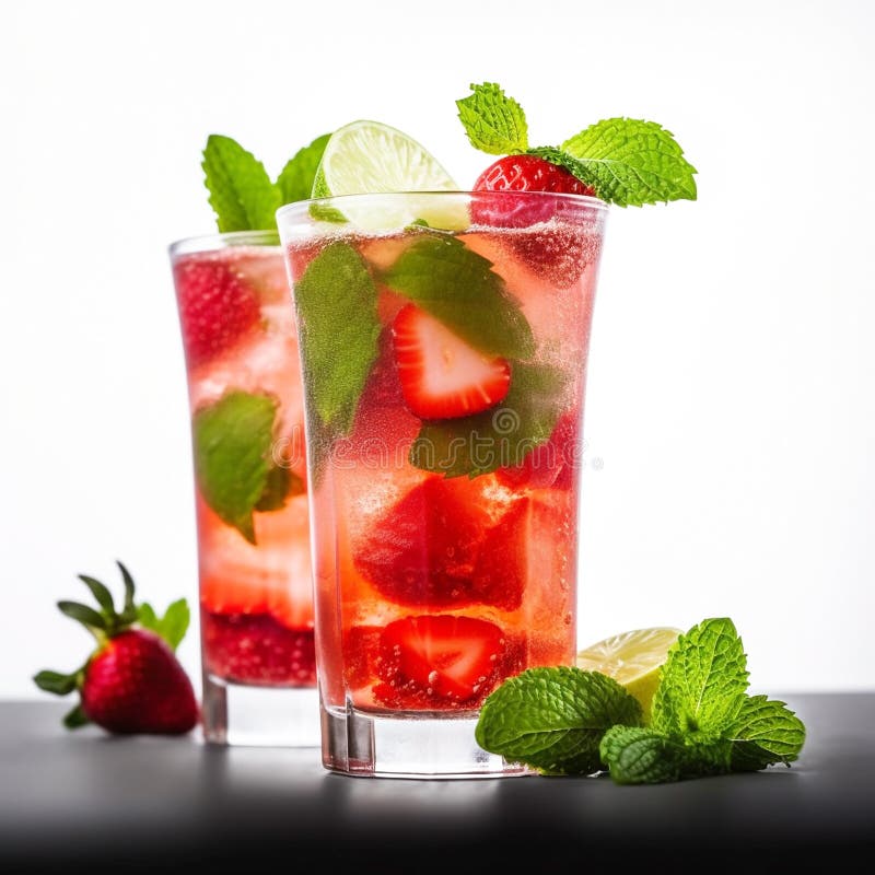 Red Strawberry Mojito with Berries, Lime Slices and Ice, on White ...
