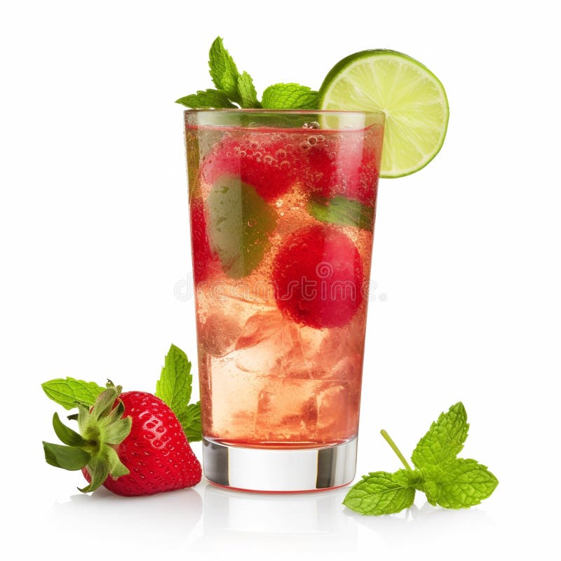 Red Strawberry Mojito with Berries, Lime Slices and Ice, on White ...