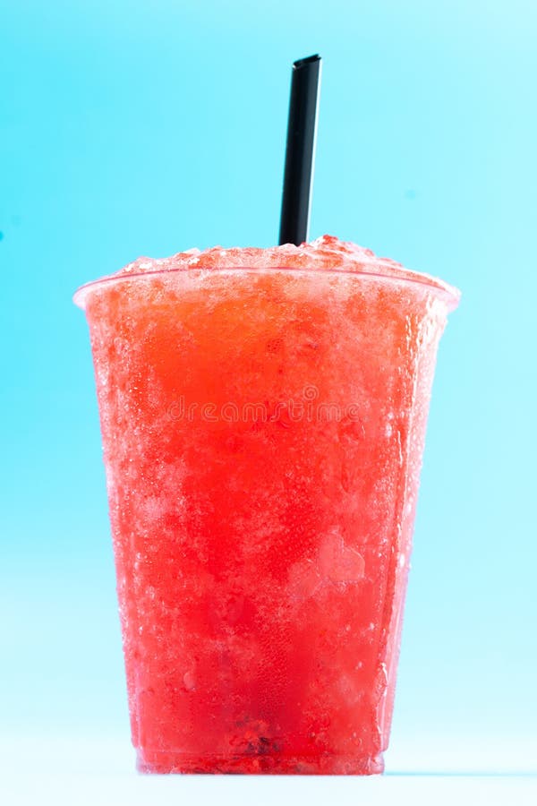 Red Strawberry Slushie Isolated on Blue Background Stock Image - Image ...