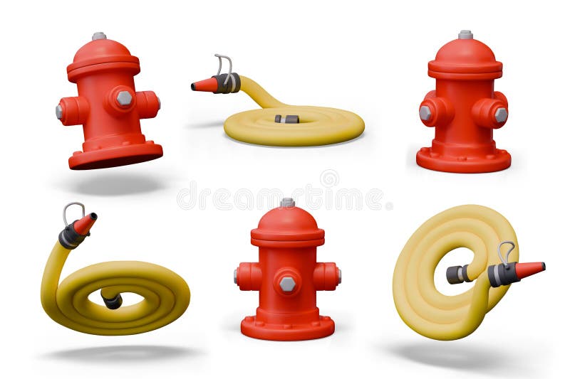 Red Street Fire Hydrant, Hose. Set of Detailed Realistic Objects in ...