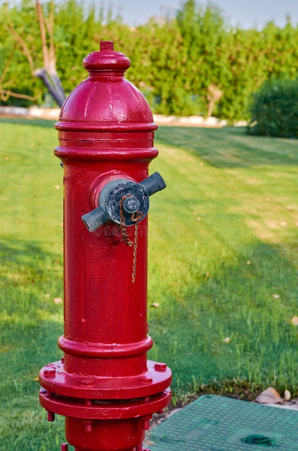 Red Street Hydrant Mounted on a Green Lawn Stock Photo - Image of pipe ...