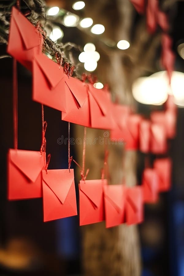 A Red String of Paper Envelopes Hanging from a Tree Stock Illustration ...