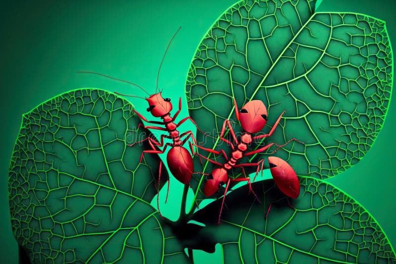 Red Strong Ants Carrying Large Green Leaf Stock Illustration ...