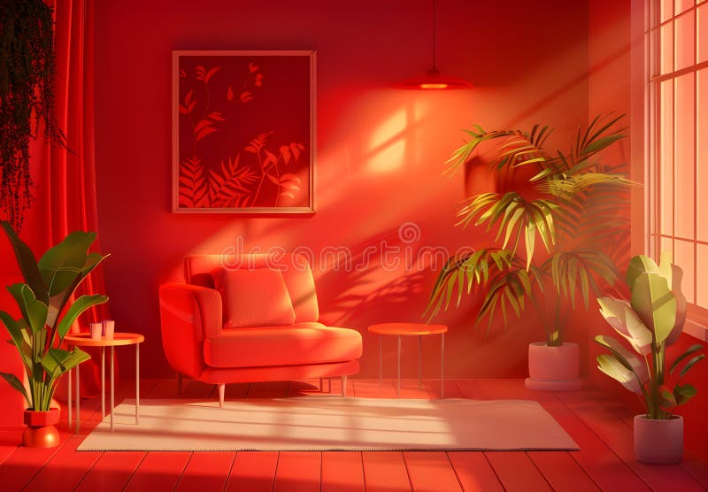 Red Studio Room Interior Design with Sunlight and Plants Stock ...
