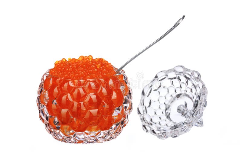 Red Sturgeon Caviar in a Glass Caviar Bowl with a Spoon Inside, on a ...
