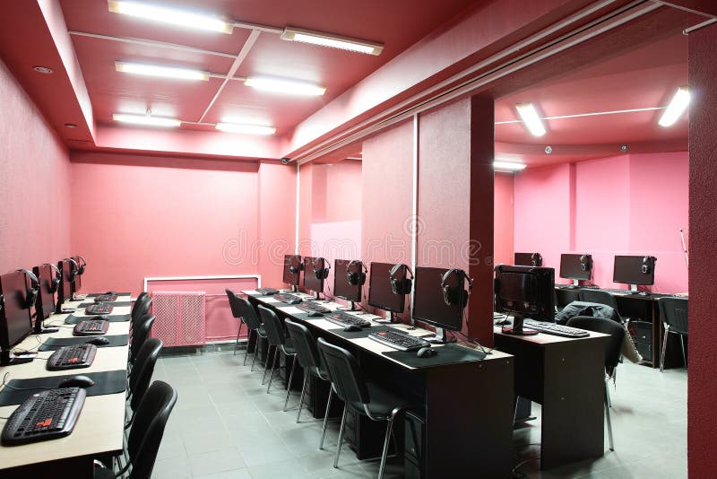 In Red Style Interior Computer Club Stock Photo - Image of network ...
