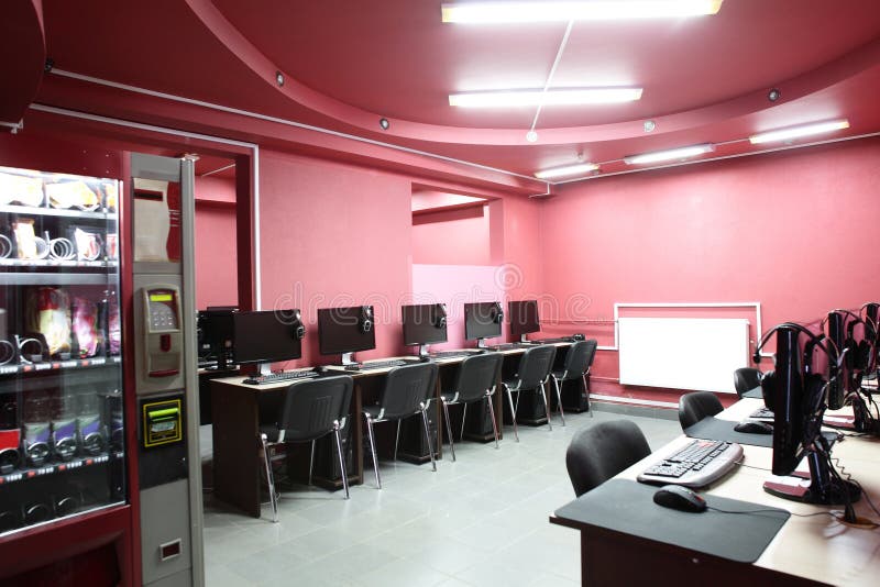 In Red Style Interior Computer Club Stock Photo - Image of network ...