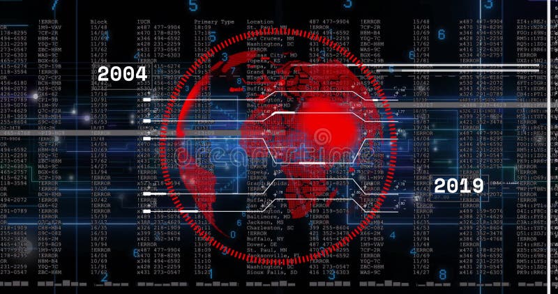 Red Stylized Globe Being Animated in UI, Showing Progress Meter, Code Columns, Timeline Markers ...