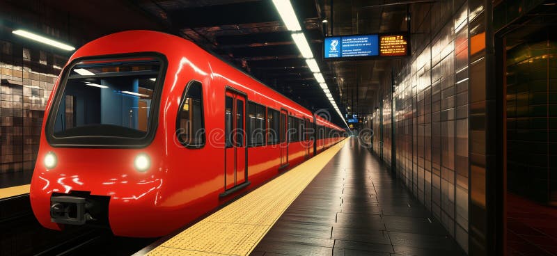 Red Subway Train at Modern Underground Station with Illuminated ...