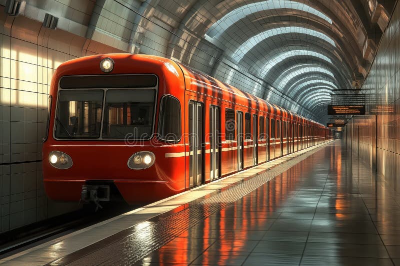 Side View of a Red Subway Train in a Popular Station Stock Illustration ...