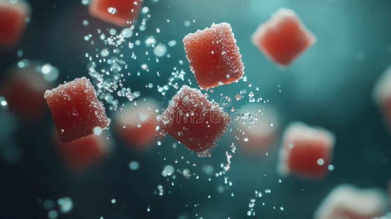 Red Sugar Candy Cubes Falling Against Dark Teal Background Stock ...