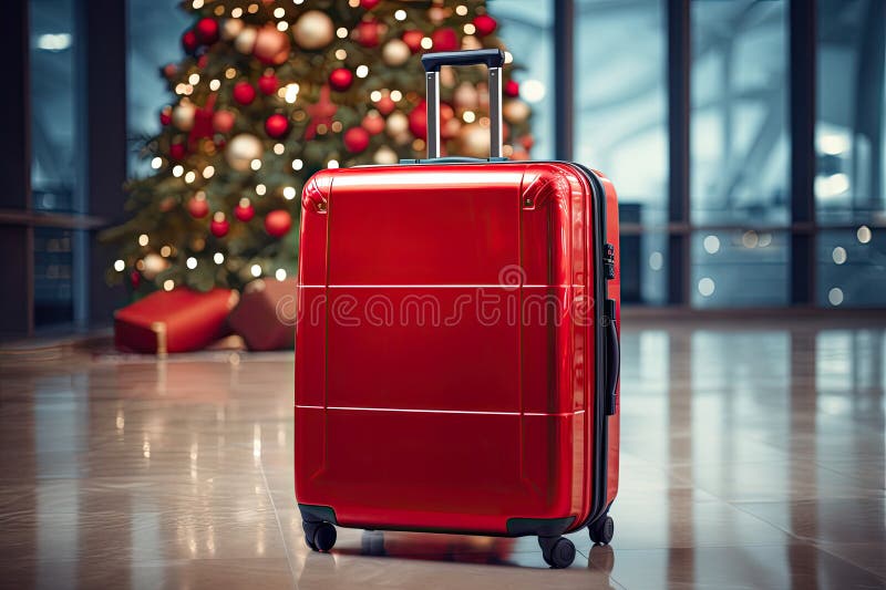 Red Suitcase Near Christmas Tree at the Airport Stock Image - Image of ...