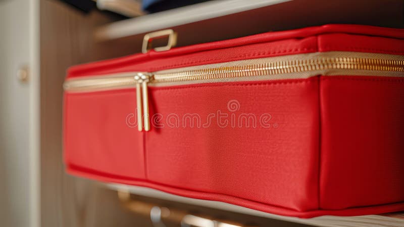 A Red Suitcase Sitting on a Shelf with Gold Handles, AI Stock Photo ...