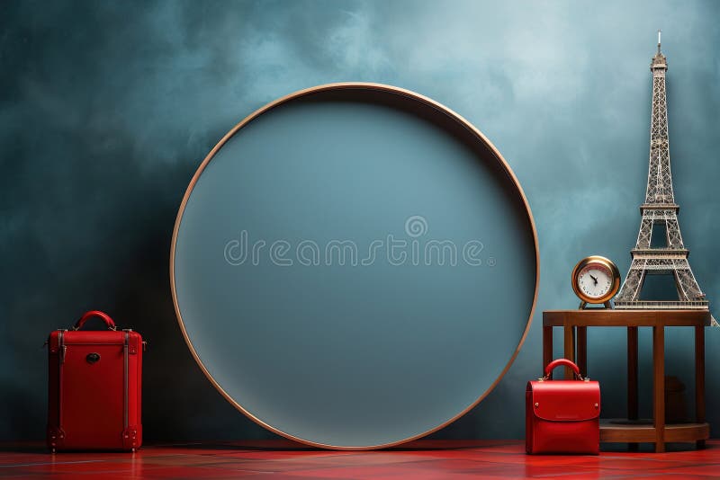 A Red Suitcase Sitting in Front of a Blue Wall and Model of Eiffel ...
